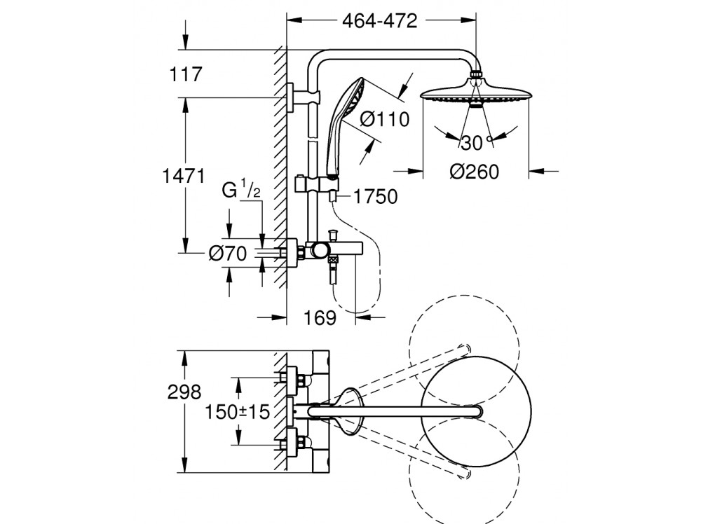 Душевая система с термостатом для ванны, GROHE Euphoria 260, хром за ...